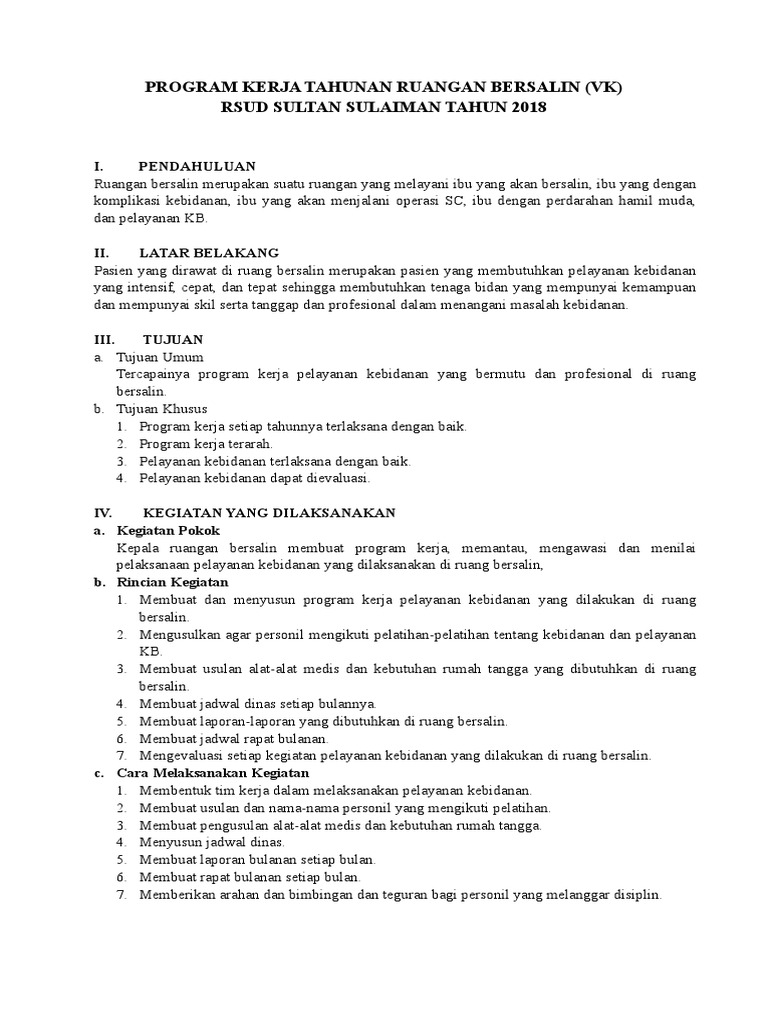 Program Kerja Tahunan Ruangan Bersalin (VK) | PDF