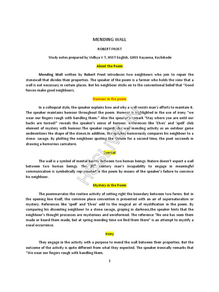 Plustwo English Mending Wall Vidhya Hsslive PDF | PDF | Irony | Poetry