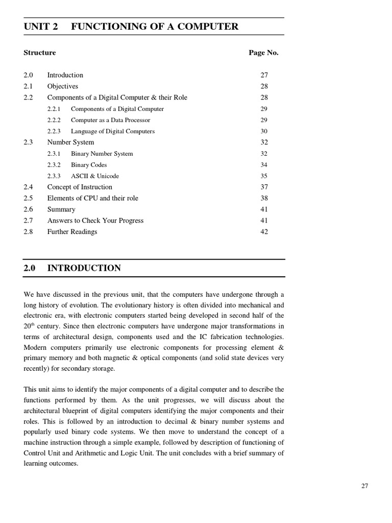 Unit 2 Functioning of A Computer: Structure Page No | PDF | Central ...