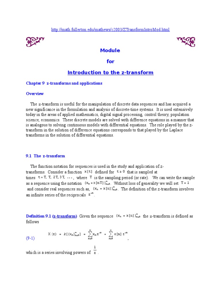 For Introduction To The Z-Transform: Chapter 9 Z-Transforms and Applications | PDF | Recurrence ...