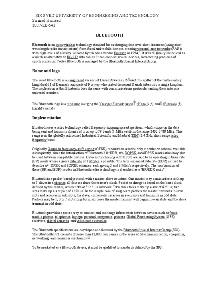 Bluetooth: Sir Syed University of Engineering and Technology Sarmad Hameed 2007-EE-543 | PDF ...