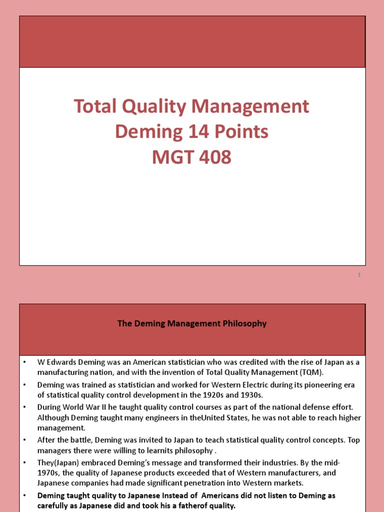 Total Quality Management Deming 14 Points MGT 408 | PDF | Goal ...