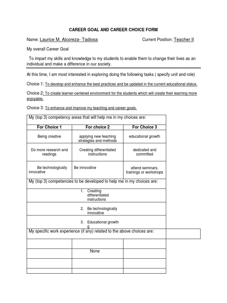 Career Goal and Career Choice Form Lma | PDF