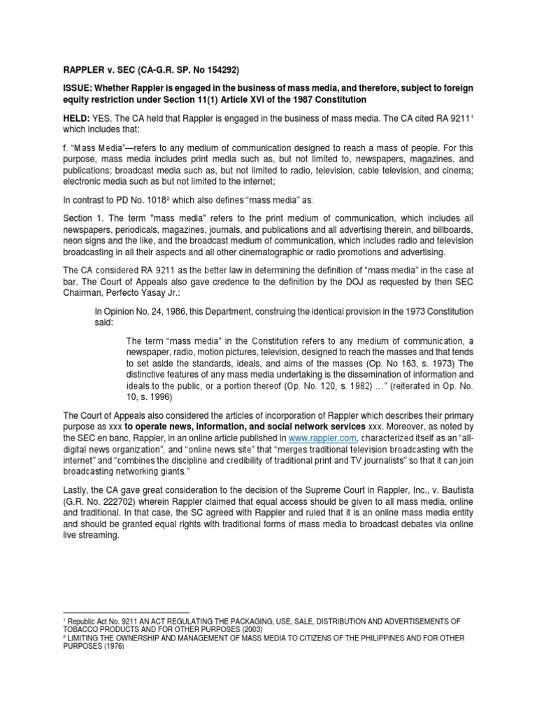 Rappler v. Sec (CA Decision) | PDF | Mass Media | Television