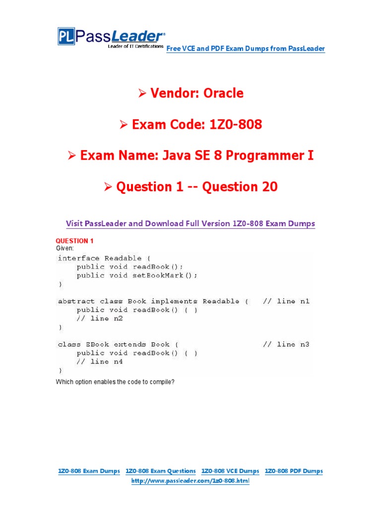 PassLeader 1Z0-808 Exam Dumps (1-20) | PDF | Inheritance (Object Oriented Programming) | C ...