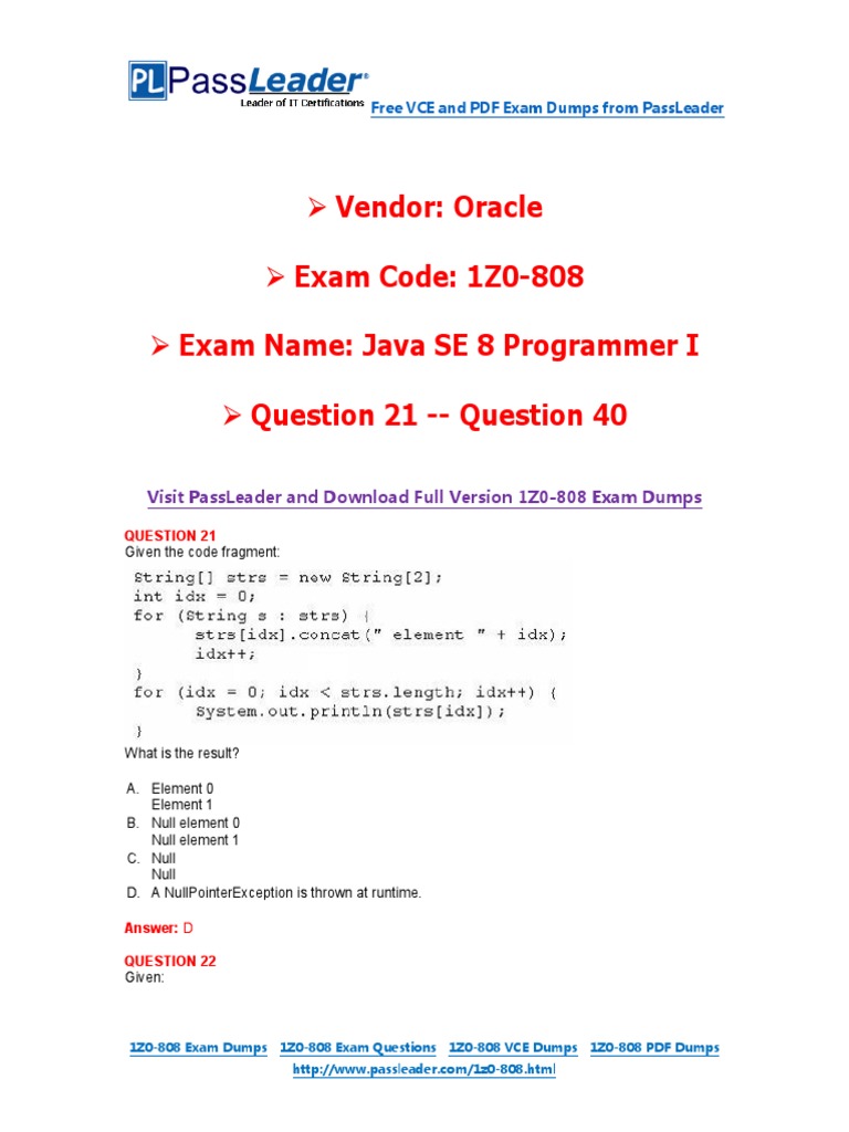 PassLeader 1Z0-808 Exam Dumps (21-40) | PDF | C (Programming Language) | Java (Programming Language)