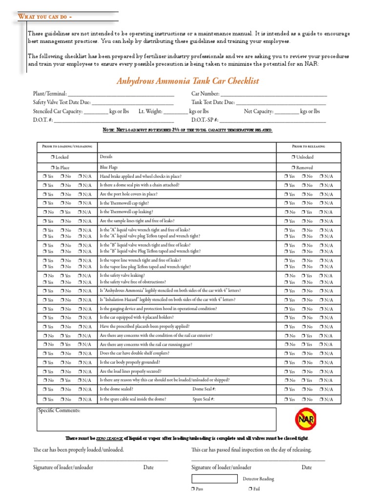 Anhydrous Ammonia Tank Car Checklist: HAT YOU CAN DO | PDF | Transport ...