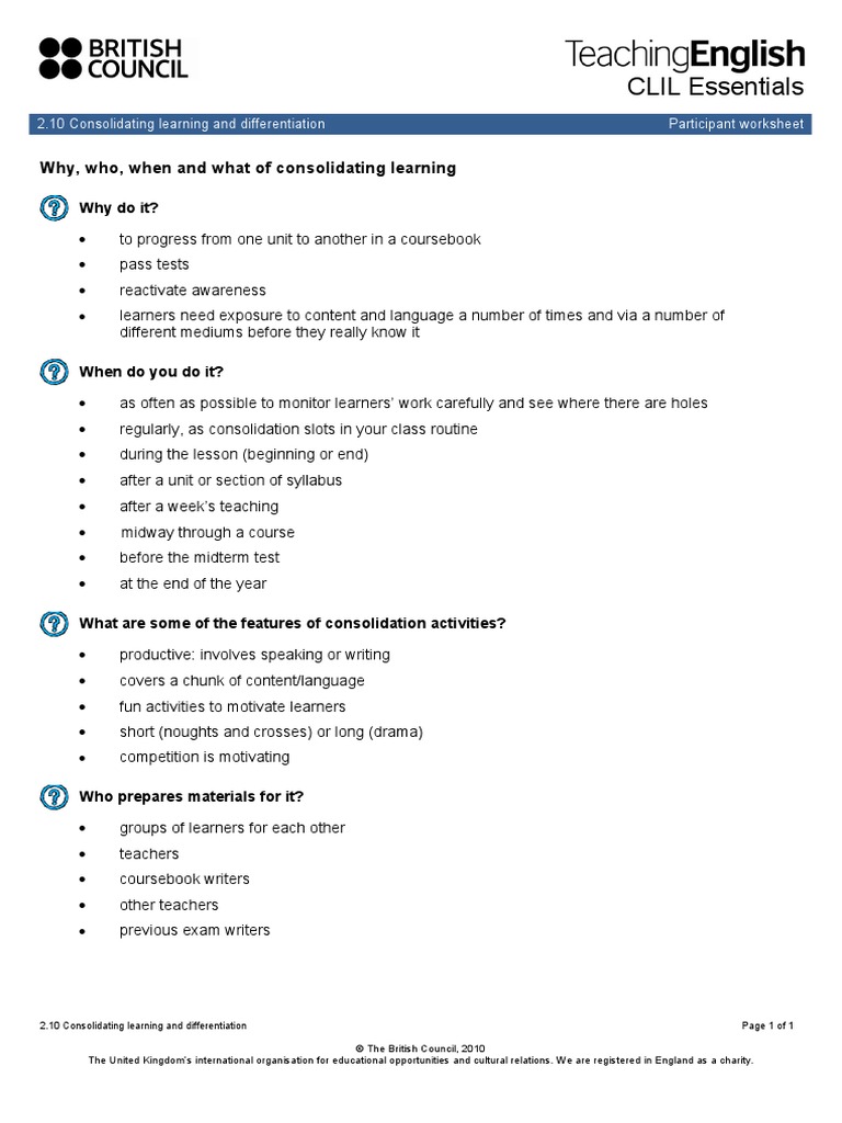 CLIL Essentials: Why, Who, When and What of Consolidating Learning | PDF