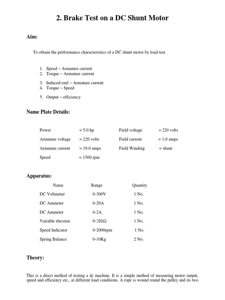 Brake Test On DC Shunt Machine | PDF | Torque | Voltage