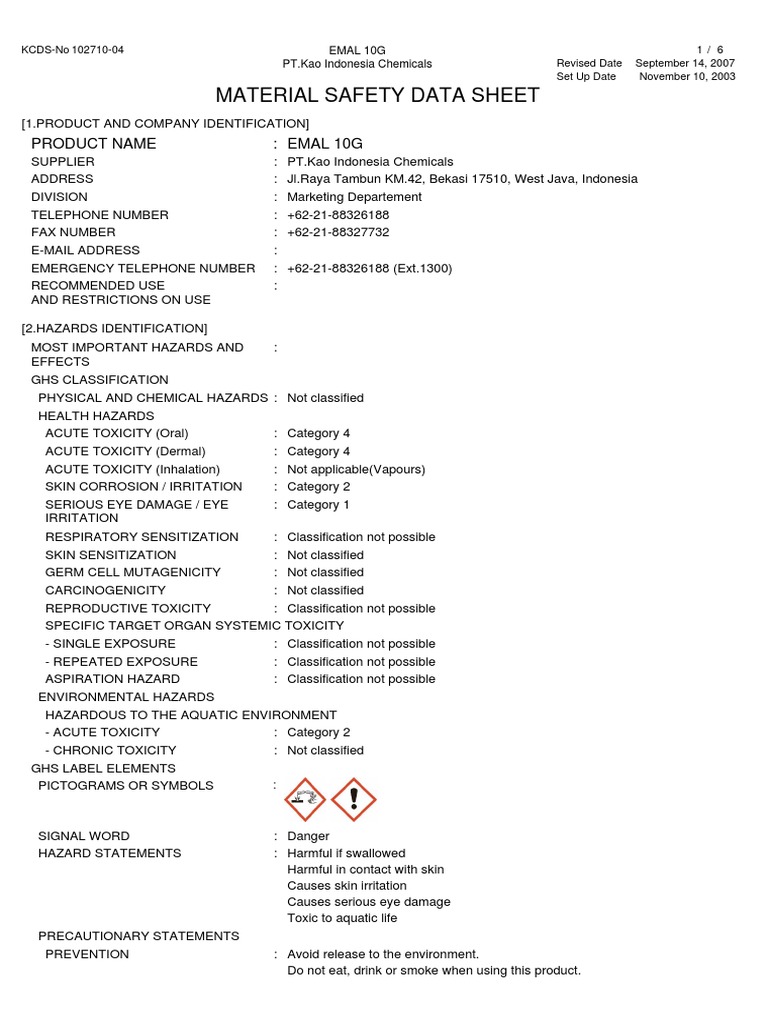 Msds Emal 10g | PDF | Toxicity | Solubility