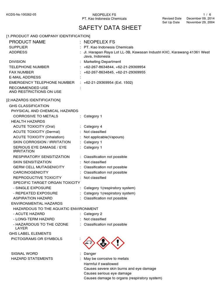 MSDS Neopelex FS | PDF | Toxicity | Poison