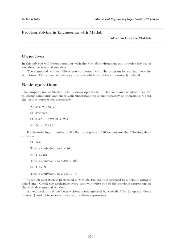 Introduction To Matlab | PDF | Matrix (Mathematics) | Linear Algebra