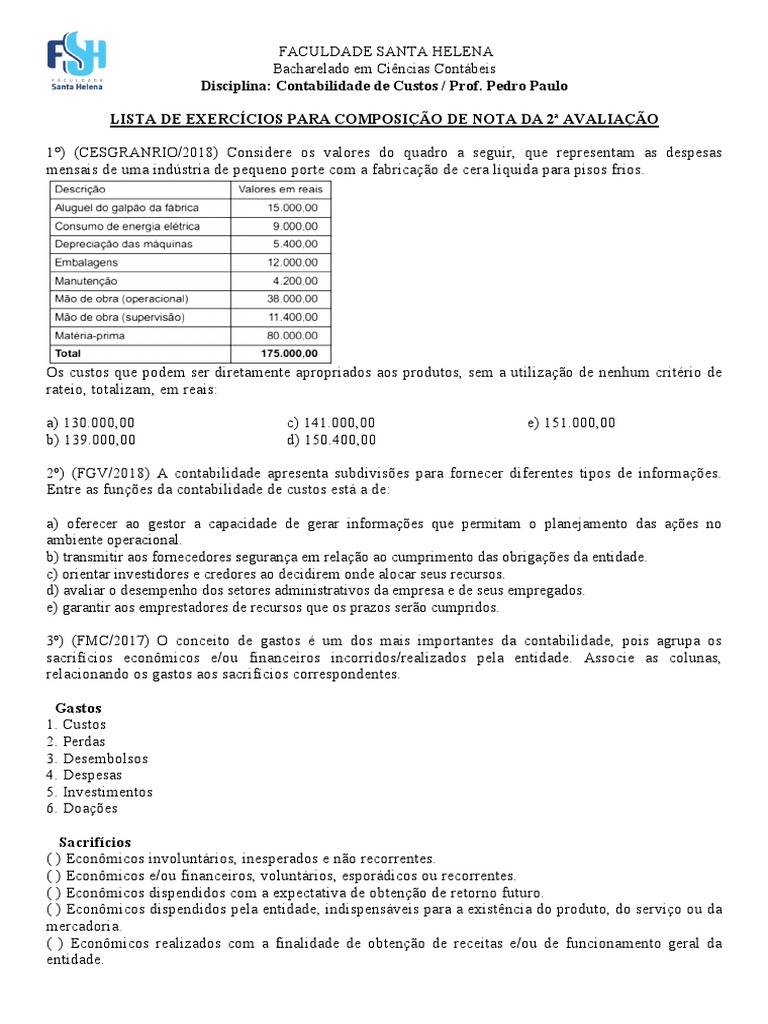 Contab. de Custos - Lista de Exerc Cios Ativ PDF | Download grátis PDF | Despesa | Contabilidade