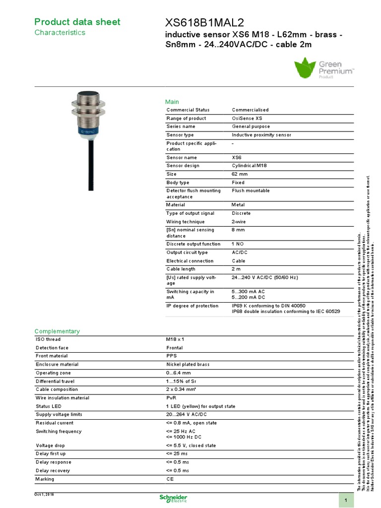 XS618B1MAL2: Product Data Sheet | PDF | Electricity | Electromagnetism