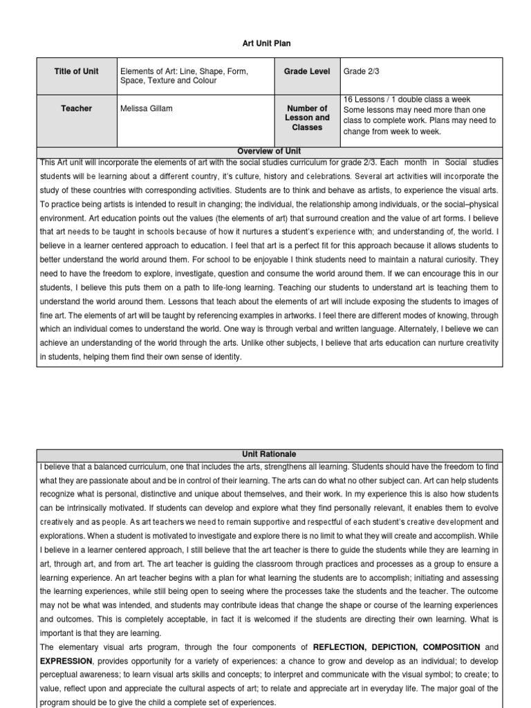 Art Unit Plan Final | PDF | Composition (Visual Arts) | Visual Arts ...