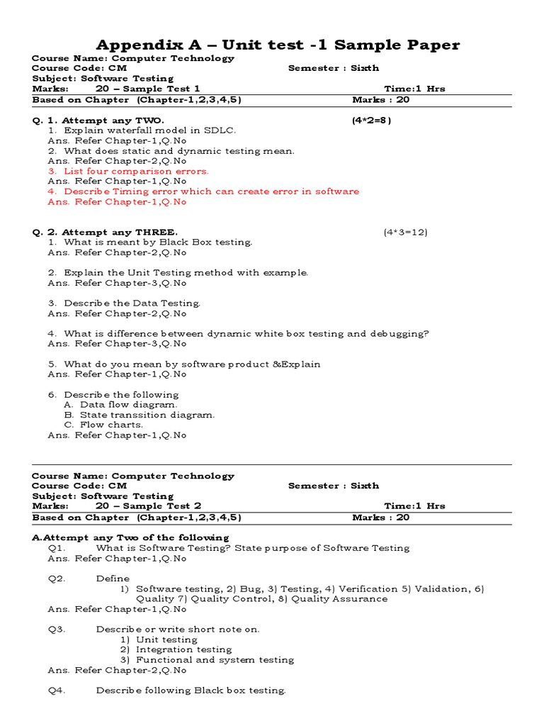 Appendix A - Unit Test - 1 Sample Paper | PDF | Software Testing ...
