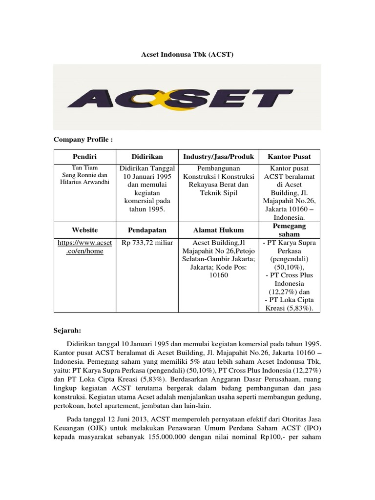 Acset Indonusa TBK (ACST) : Tan Tiam Seng Ronnie Dan Hilarius Arwandhi | PDF