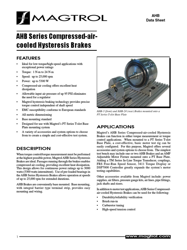 Magtrol: AHB Series Compressed-Air-Cooled Hysteresis Brakes | PDF ...