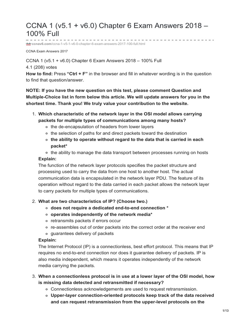 CCNA 1 v51 v60 Chapter 6 Exam Answers 2018 100 Full | PDF | I Pv6 | Router (Computing)