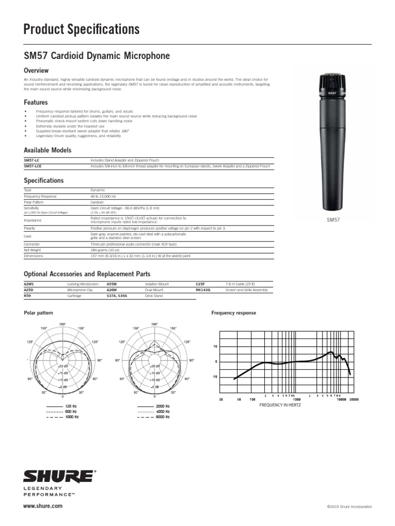 Sm57 Specification Sheet English | PDF | Microphone | Signal Processing