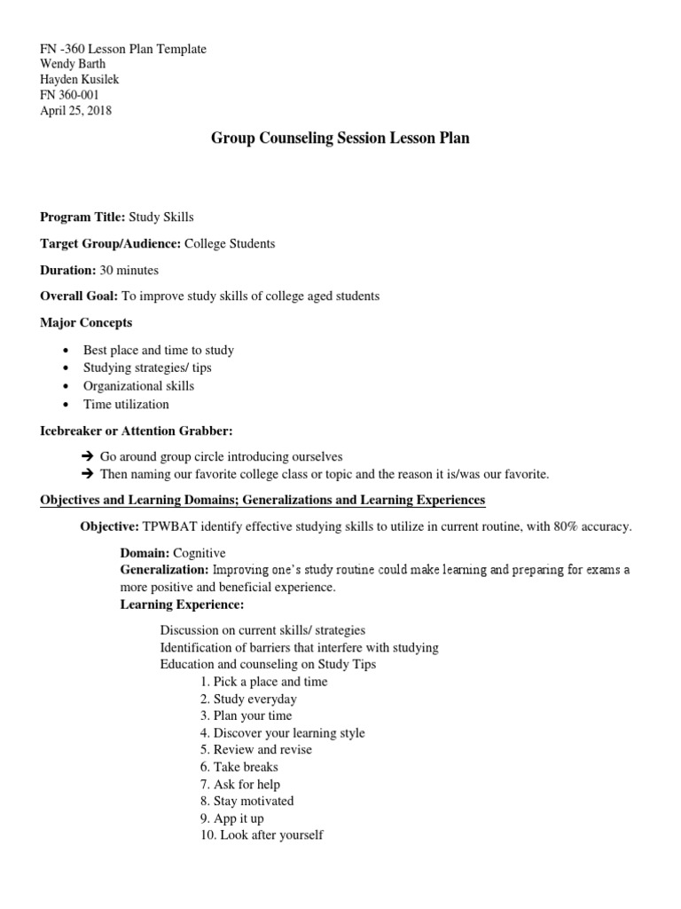 Group Counseling Session Lessonplan | PDF | Study Skills | Lesson Plan