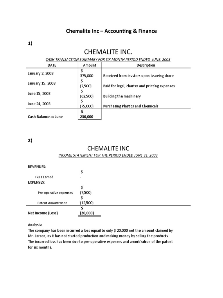 Chemalite Inc - Assignment - Accounting | PDF | Equity (Finance) | Expense