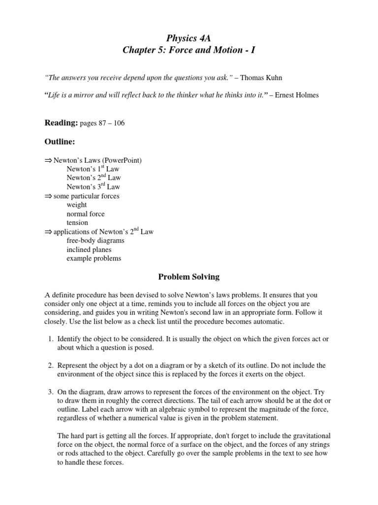 Physics 4A Chapter 5: Force and Motion - I: Reading: Outline | PDF ...