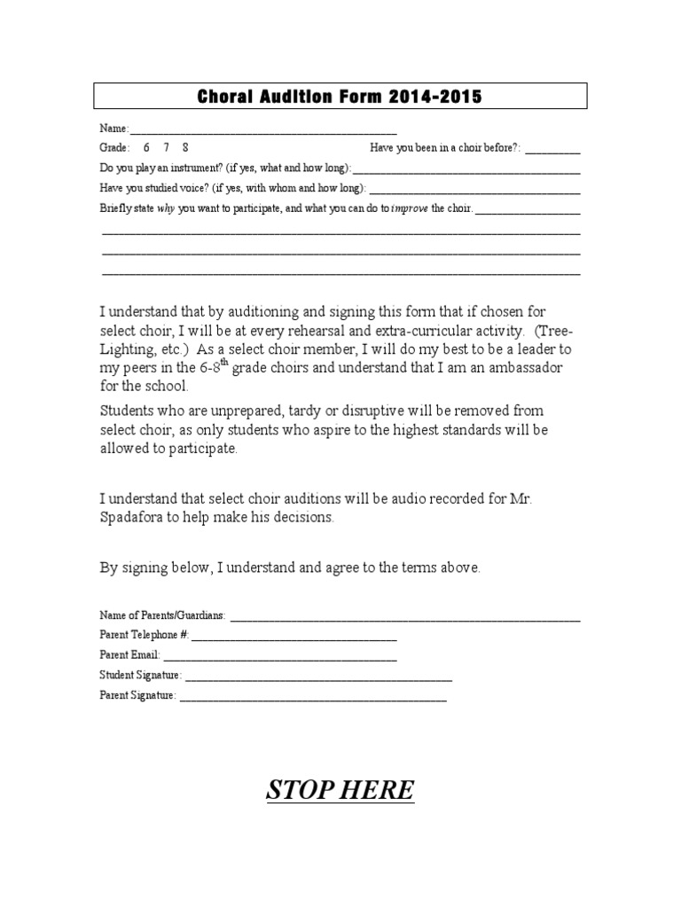 Stop Here: Choral Audition Form 2014-2015 | PDF | Choir | Audition