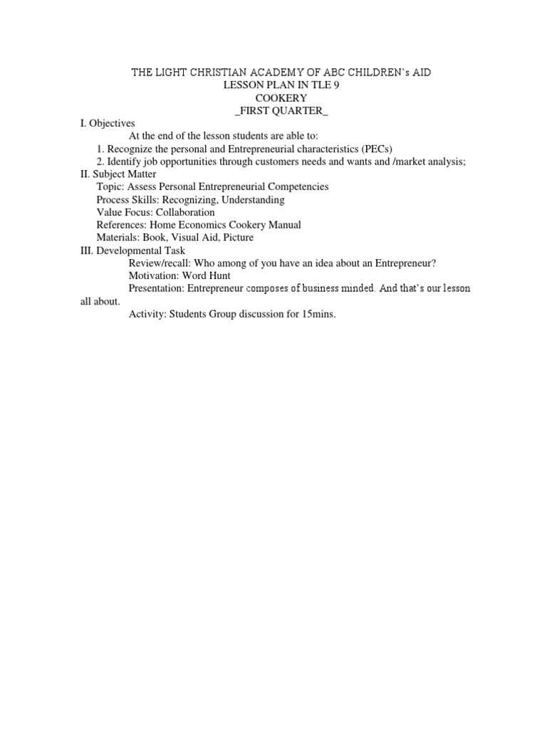 LP Grade 9 Cookery | Download Free PDF | Entrepreneurship | Lesson Plan