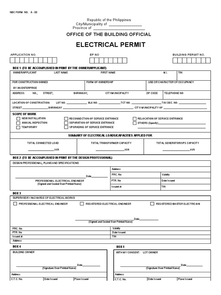 Application for an Electrical Permit for Installation, Reconnection ...