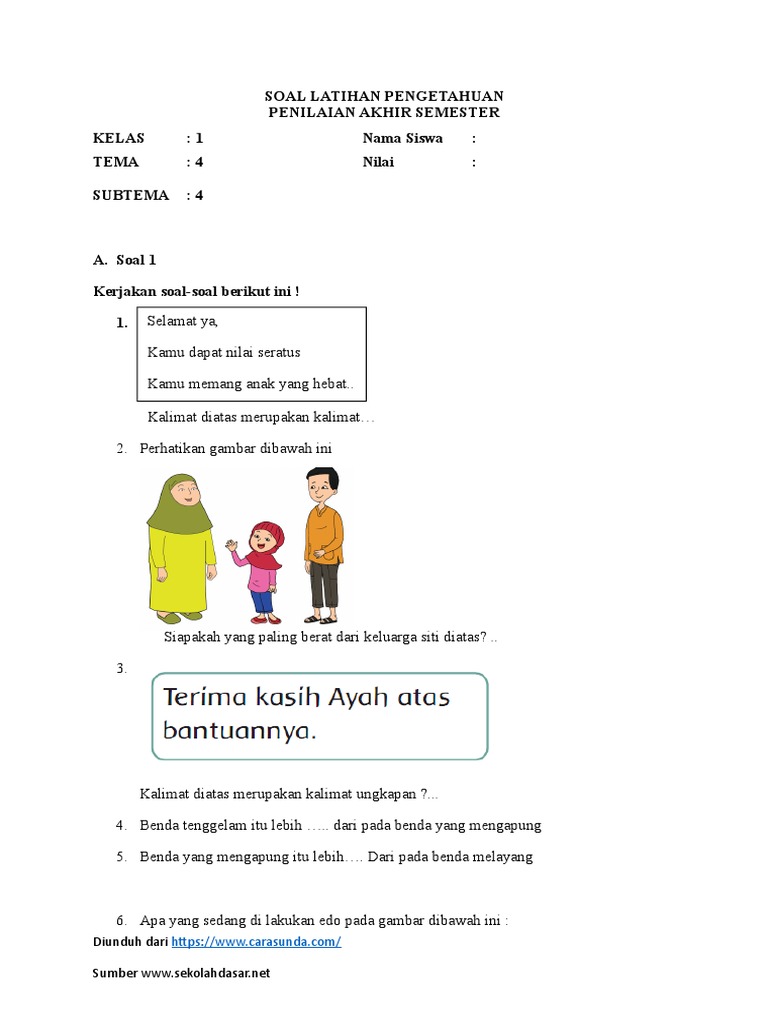 Soal Latihan Kelas 1 SD | PDF