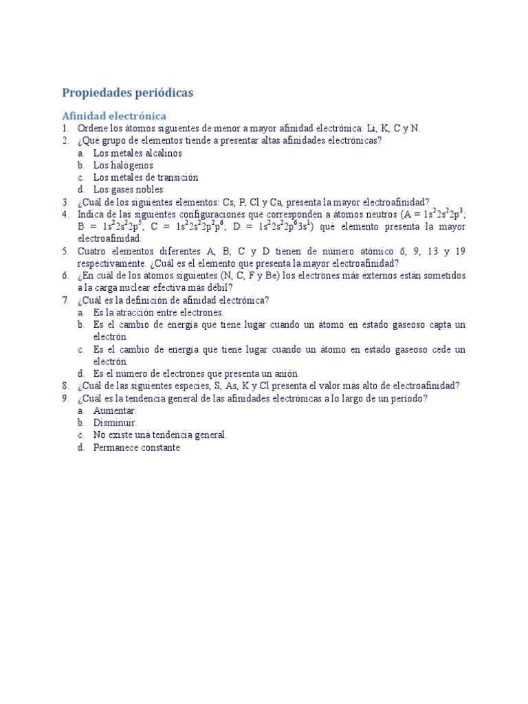 Ejercicios sobre propiedades periódicas | PDF | Tabla periódica | Átomos