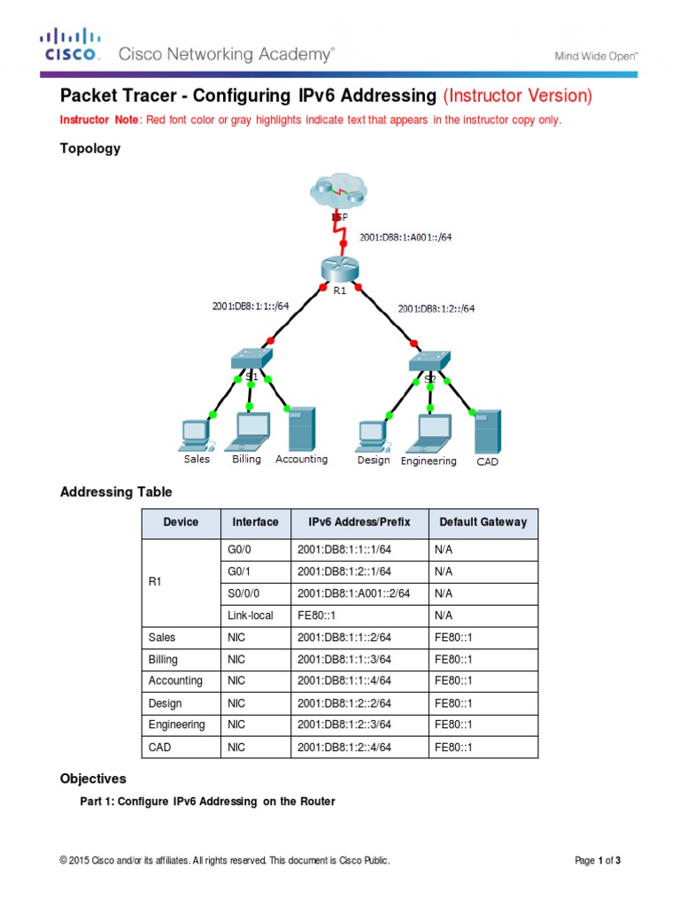 7.2.4.9 Packet Tracer - Configuring IPv6 Addressing - ILM PDF | PDF | I Pv6 | Internet Protocols
