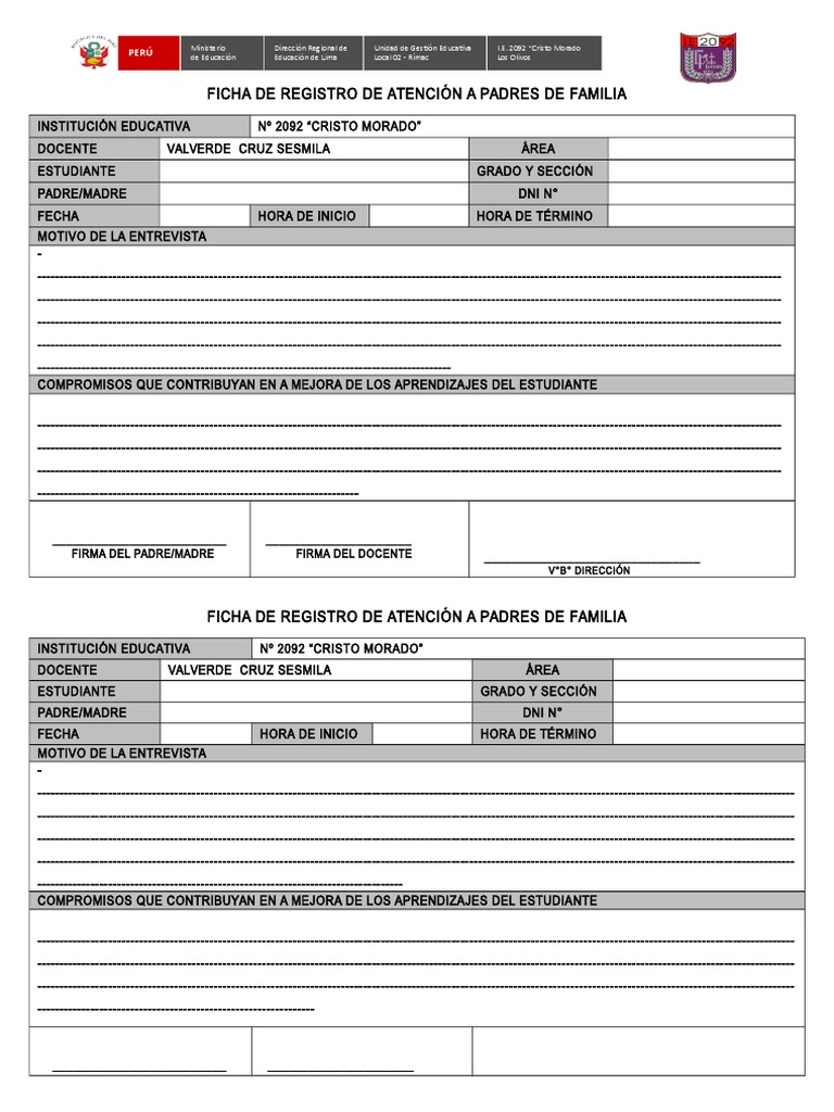 Ficha De Registro De Atencion De Padres Pdf Salón De Clases Maestros