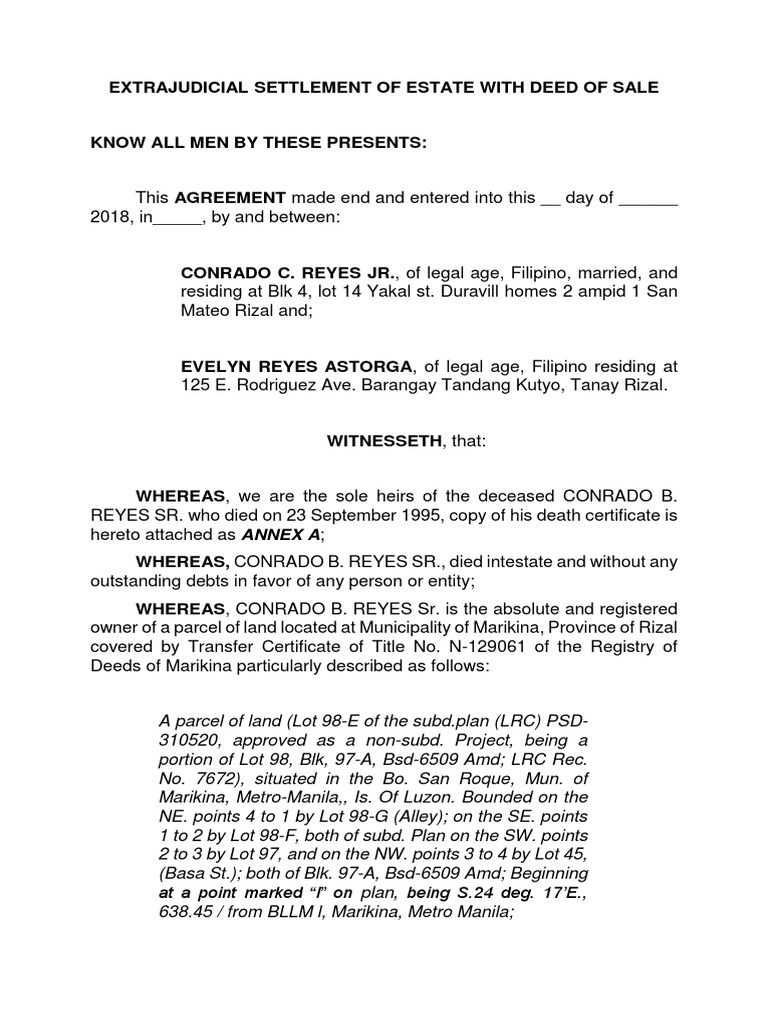 Extrajudicial Estate Settlement & Sale | PDF | Natural Resources Law ...