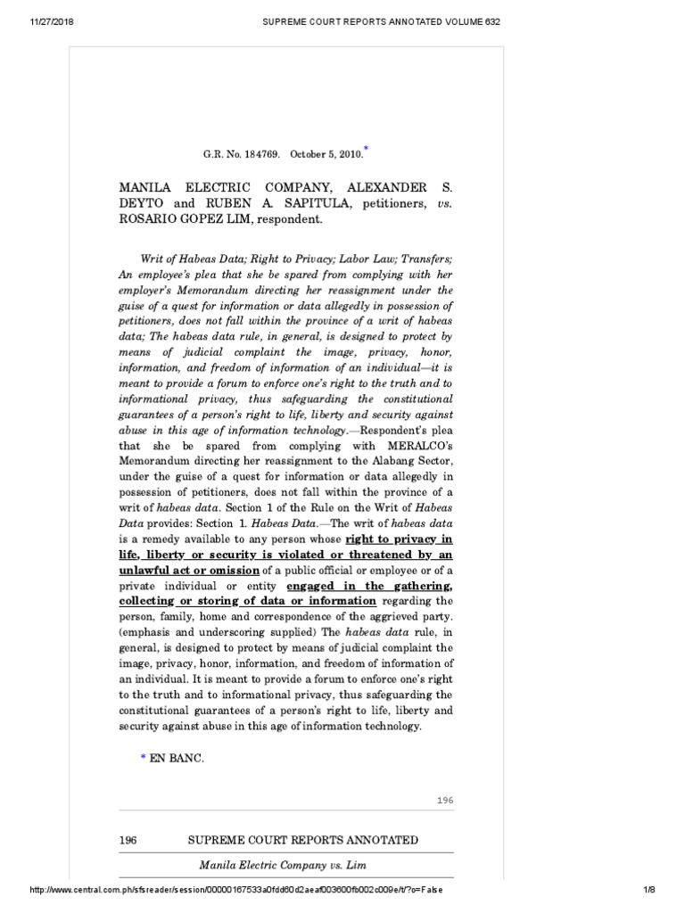 Meralco v. Lim | PDF | Habeas Corpus | Privacy