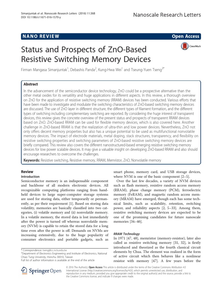Status and Prospects of Zno-Based Resistive Switching Memory Devices ...