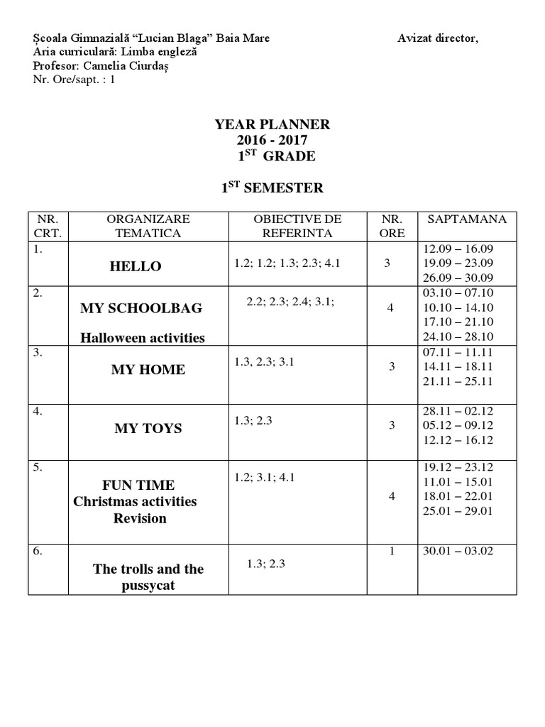 Year Planner 2016 - 2017 1 Grade 1 Semester | PDF
