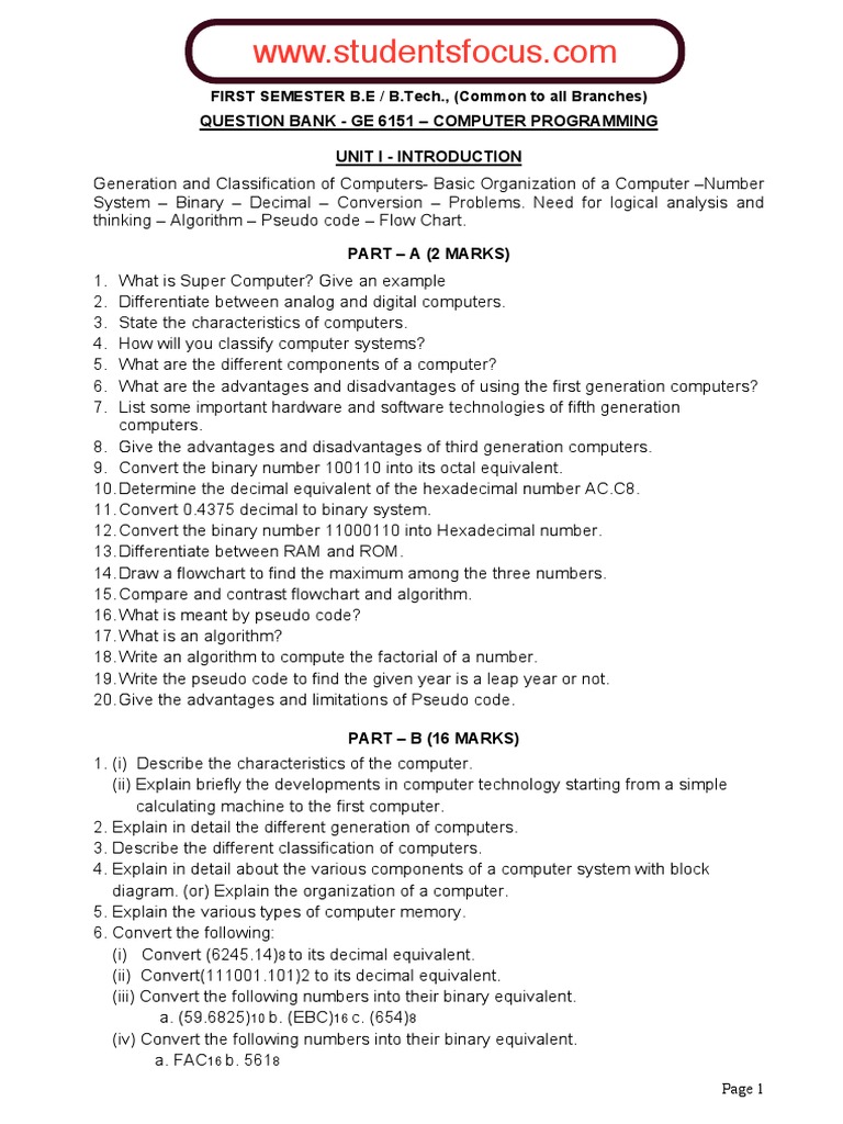 Valliammai Engineering College Question Bank Ge 6151 Computer Programming Unit I