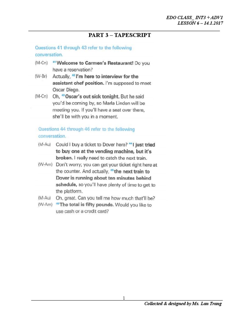 Part 3 - Tapescript: Edo Class - Int3 + Adv1 LESSON 6 - 14.1.2017 | PDF