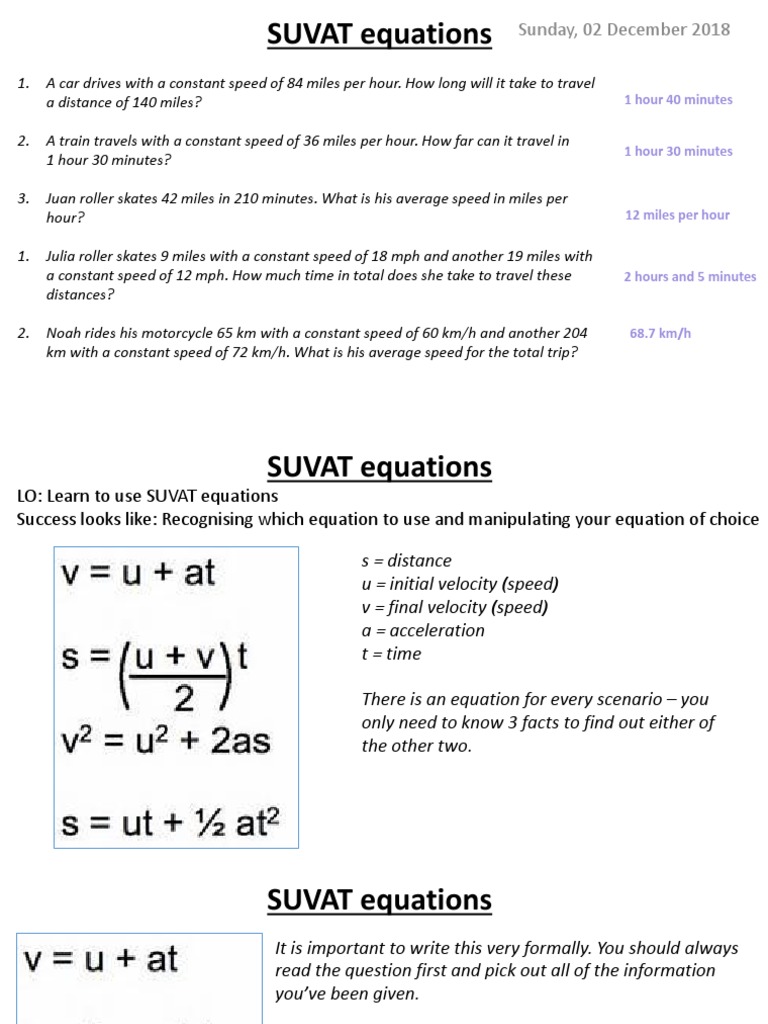 BLY SUVAT Equations 2 | PDF | Speed | Acceleration
