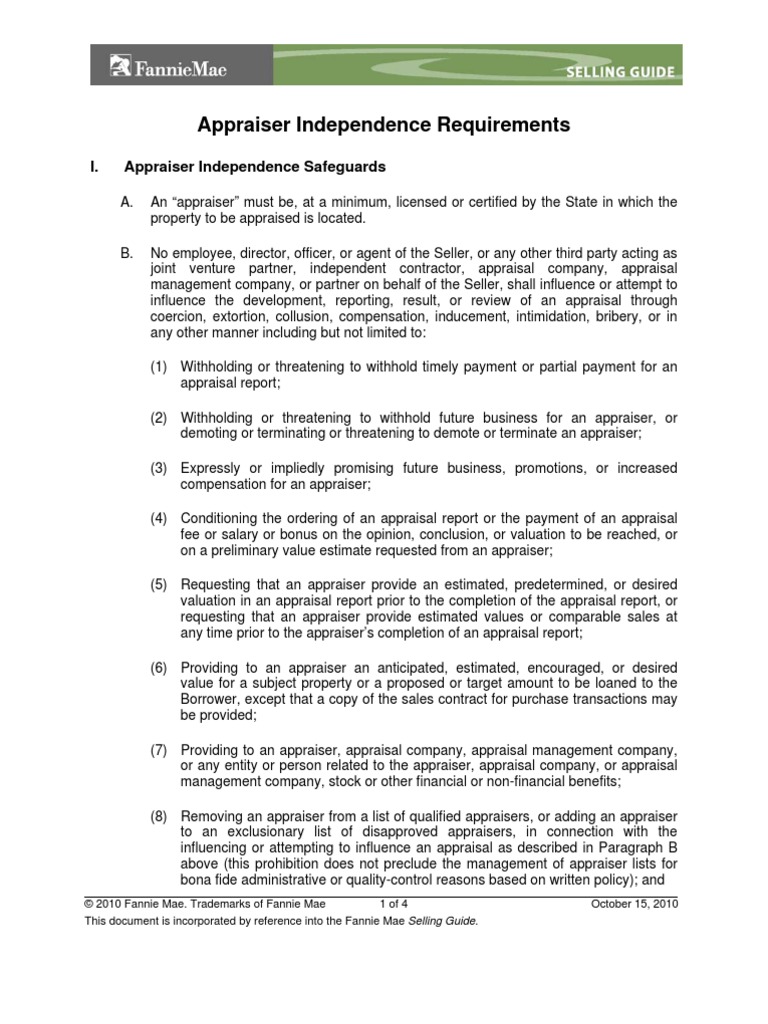 Fannie Mae Appraiser Independence Requirements 10-15-2010 | PDF | Real ...