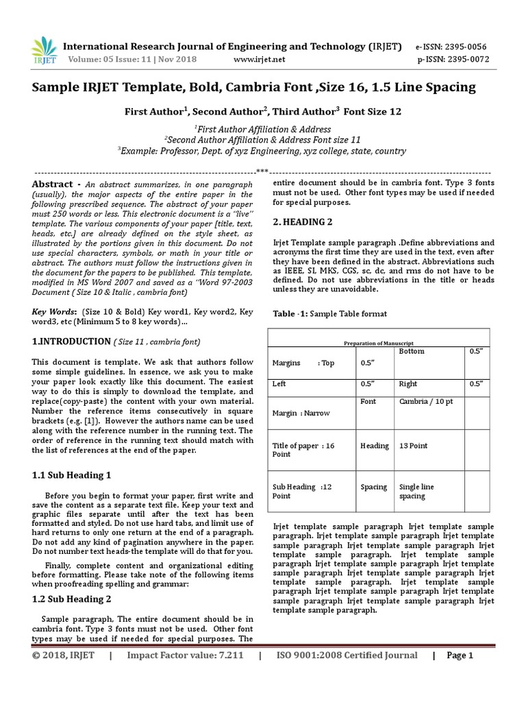 Sample IRJET Template, Bold, Cambria Font, Size 16, 1.5 Line Spacing | PDF | Typefaces | Document