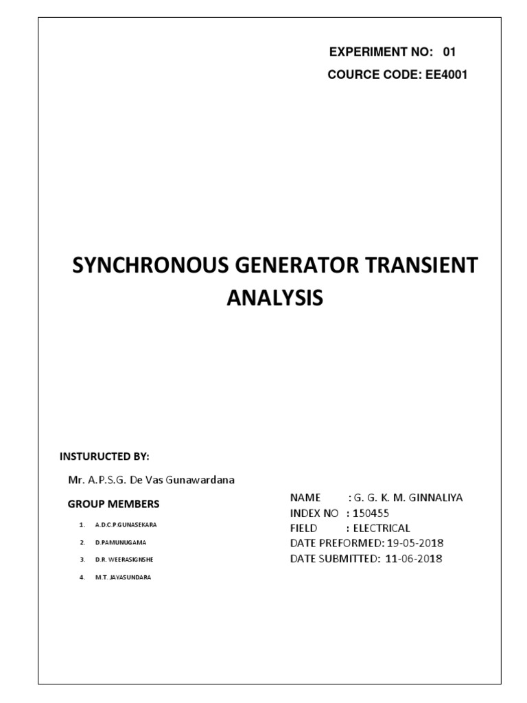 Synchronous Generator Transient Analysis: Experiment No: 01 Cource Code ...