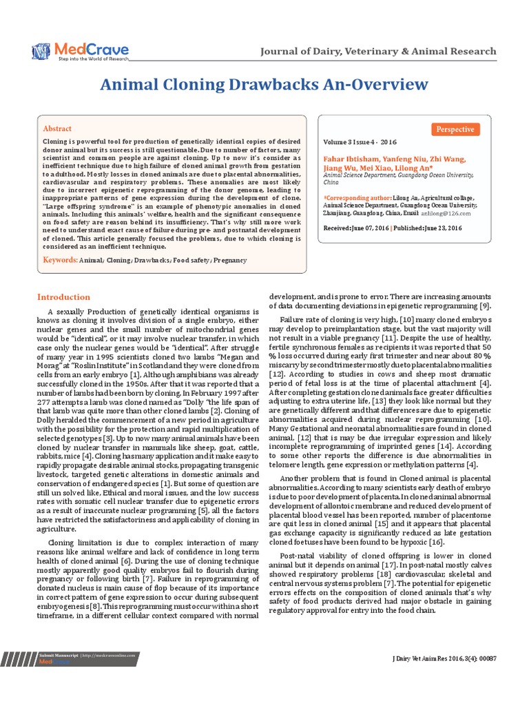Animal Cloning Drawbacks An-Overview: Journal of Dairy, Veterinary ...