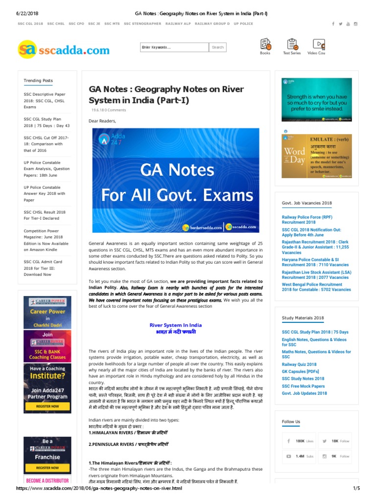 GA Notes - Geography Notes On River System in India (Part-I) | PDF