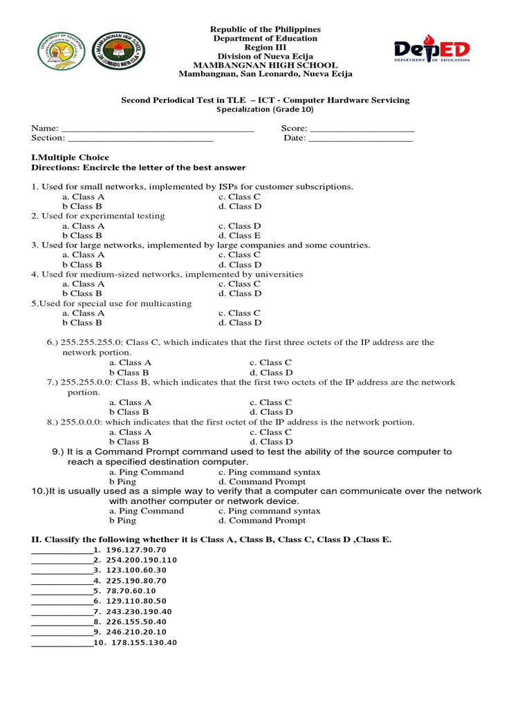 I.Multiple Choice Directions: Encircle The Letter of The Best Answer ...