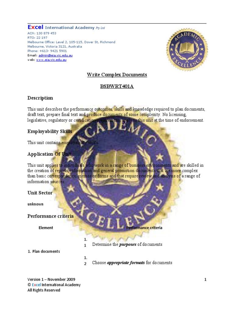 E Cel: Write Complex Documents Bsbwrt401A Description | PDF | Document | Microsoft Excel