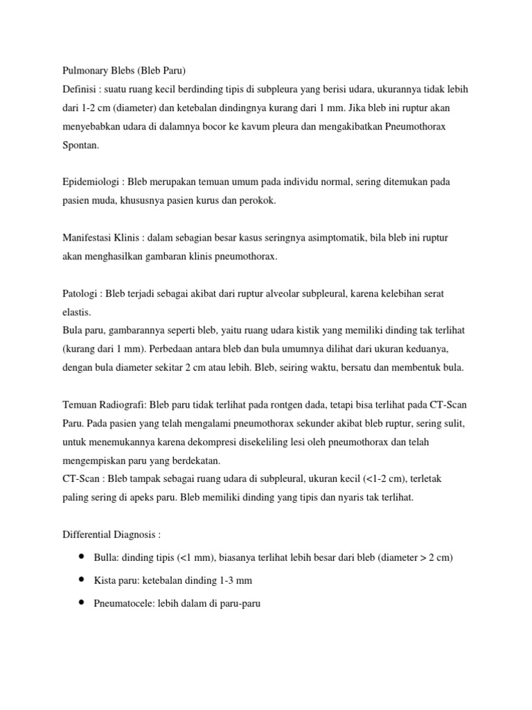 Bleb Paru: Definisi, Gejala, dan Diagnosis | PDF