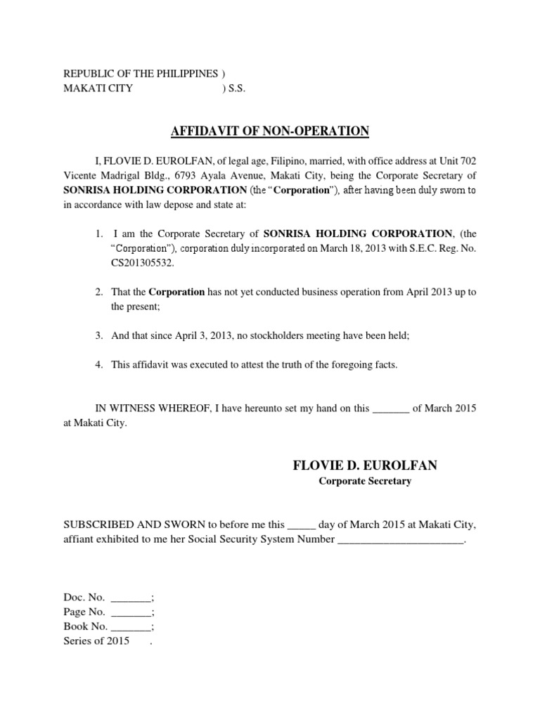 Affidavit of Non-Operation of Corporations | PDF | Makati | Affidavit